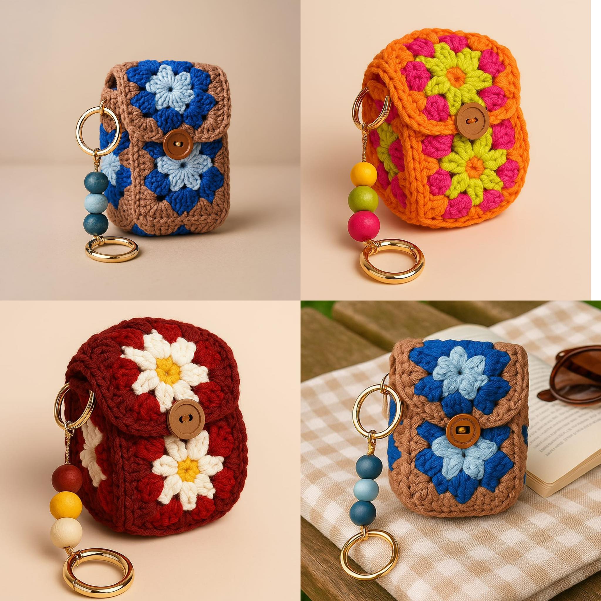 Granny Square Style Crochet Keychain Pouch - Crochet Pattern