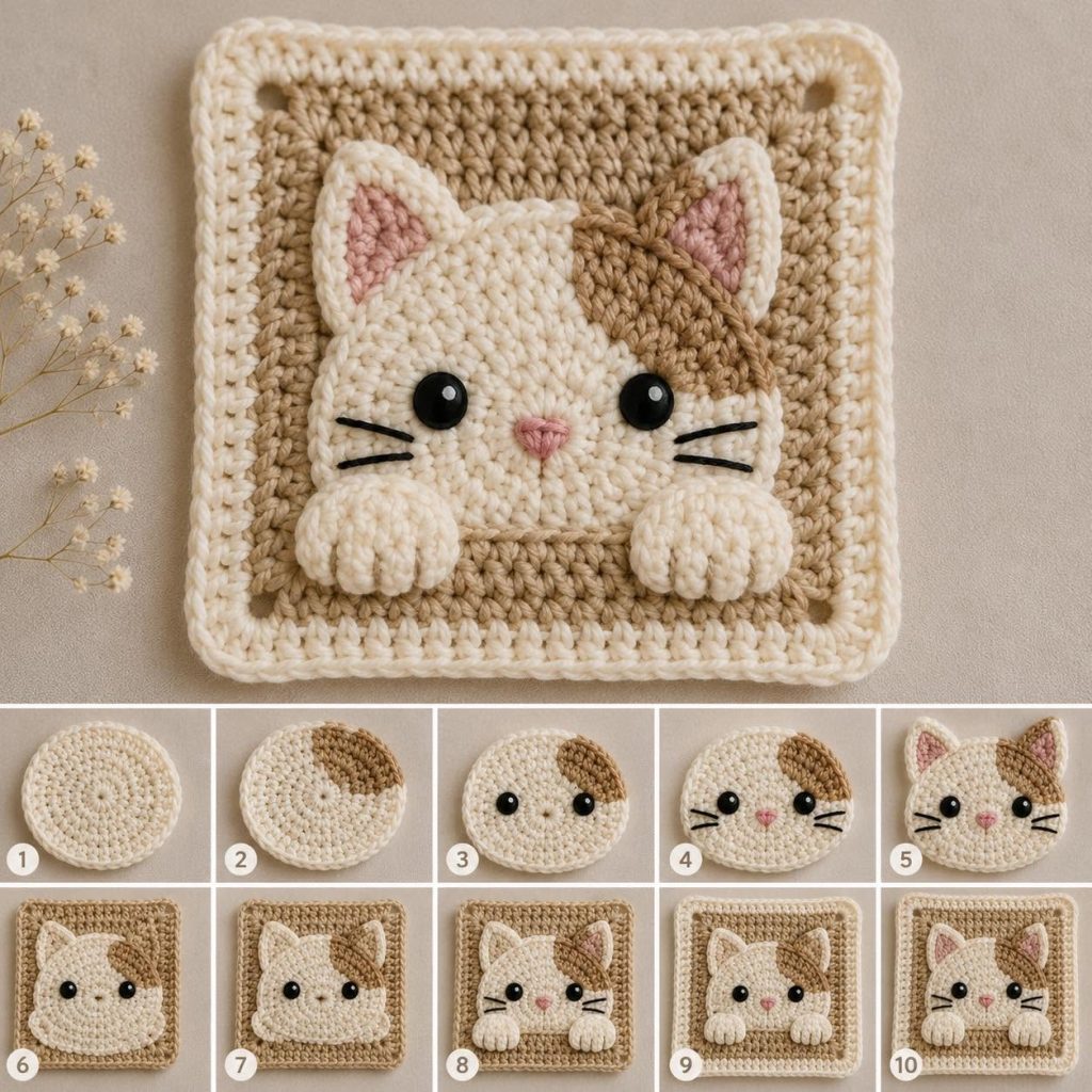 Crochet Cat Granny Square Motif Pattern